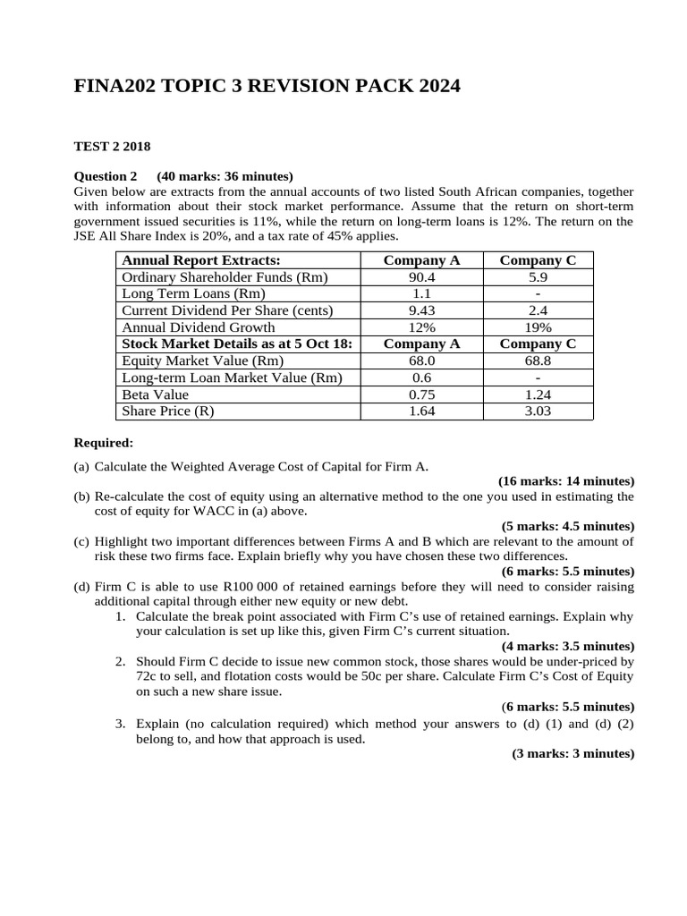Fina 202 Topic 3 Revision Pack | PDF | Cost Of Capital | Dividend