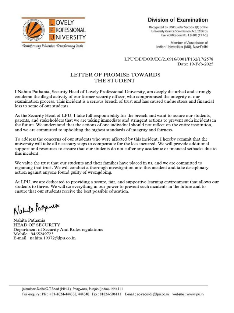 Letter of Promise Toward Student | PDF