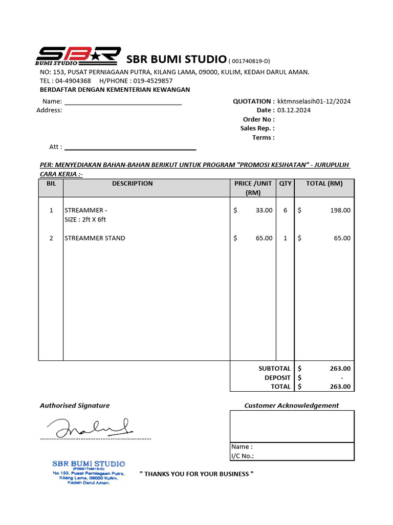 Klinik Kesihatan Taman Selasih Quotation | PDF