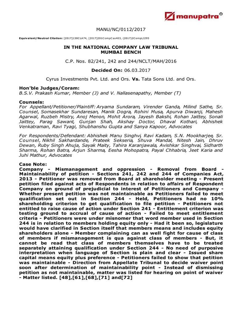 Cyrus Investments PVT LTD and Ors Vs Tata Sons LtdNC2017140317160527185COM417125 | PDF