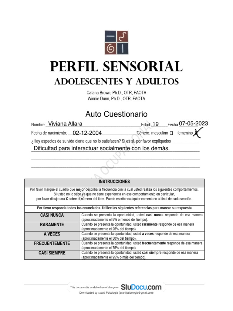Perfil Sensorial Adultos | PDF