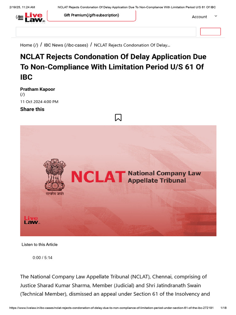 NCLAT Rejects Condonation of Delay Application Due To Non-Compliance With Limitation Period U ...