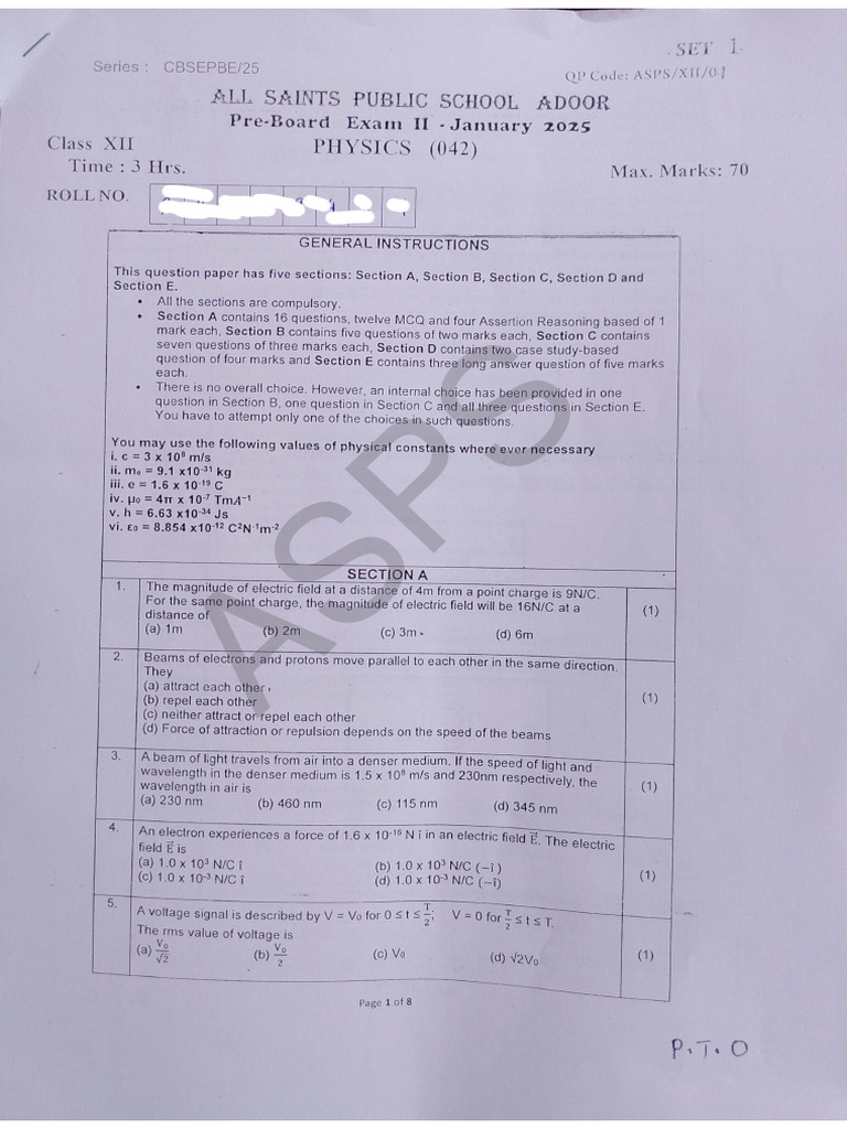 Phy PB-2 Set 1 | PDF