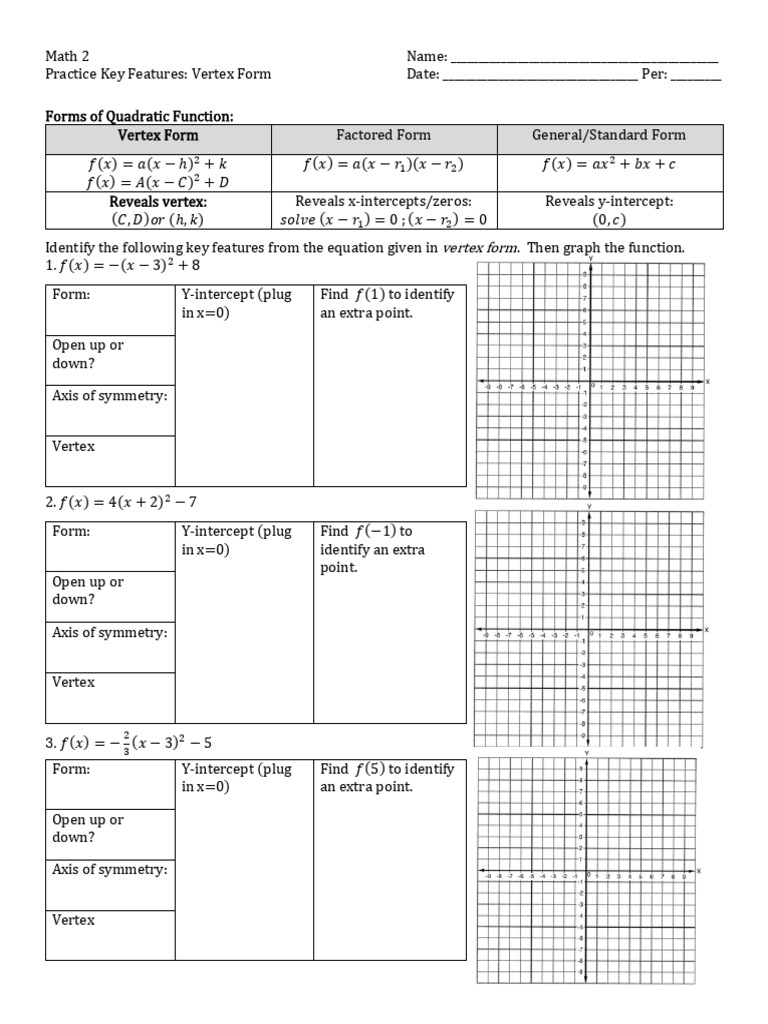 Practice Key Features Vertex Form | PDF