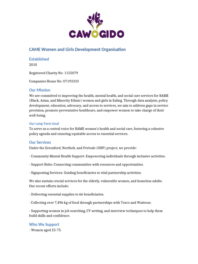CAME Women and Girls Organisation | PDF