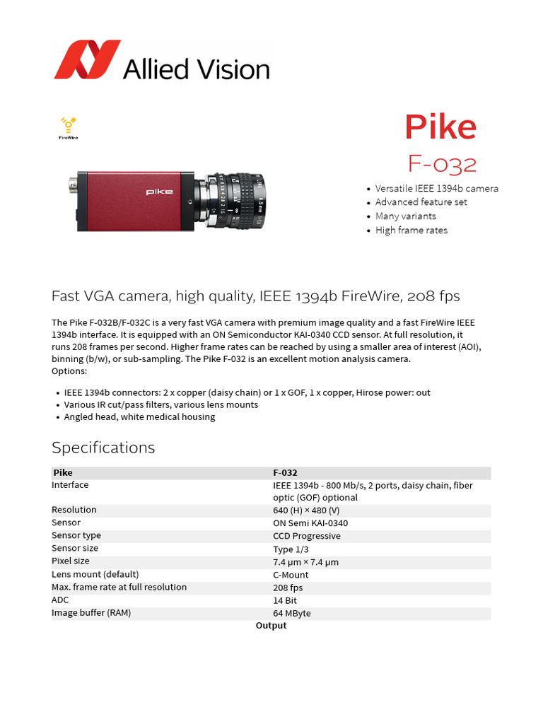 High-Speed Pike F-032 VGA Camera | PDF | Pixel | Display Resolution