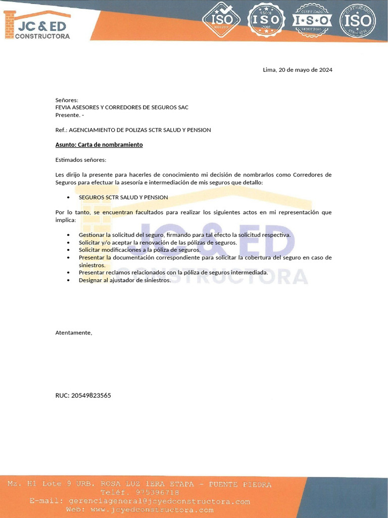 Carta de Nombramiento | PDF | Póliza de seguros | Seguro