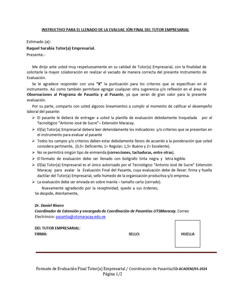 Evaluación Tutor Empresarial F | PDF