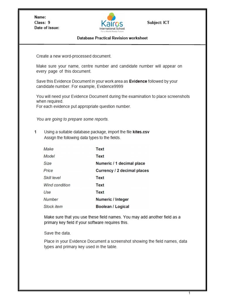 Name: Class: 9 Subject: ICT Date of Issue: Database Practical Revision Worksheet | PDF | Data ...