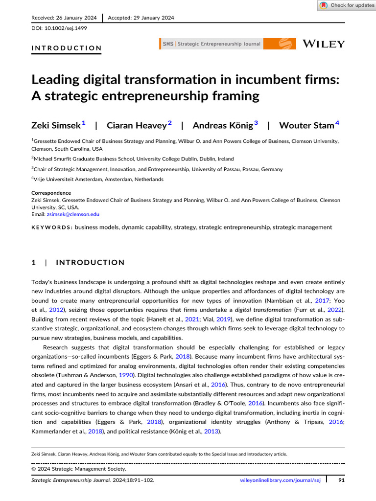 Strategic Entrepreneurship - 2024 - Simsek - Leading Digital ...