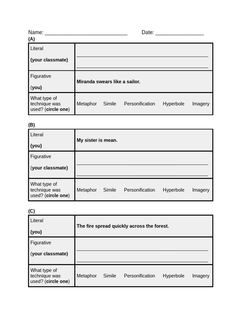 Figurative Language Analysis Worksheet | PDF