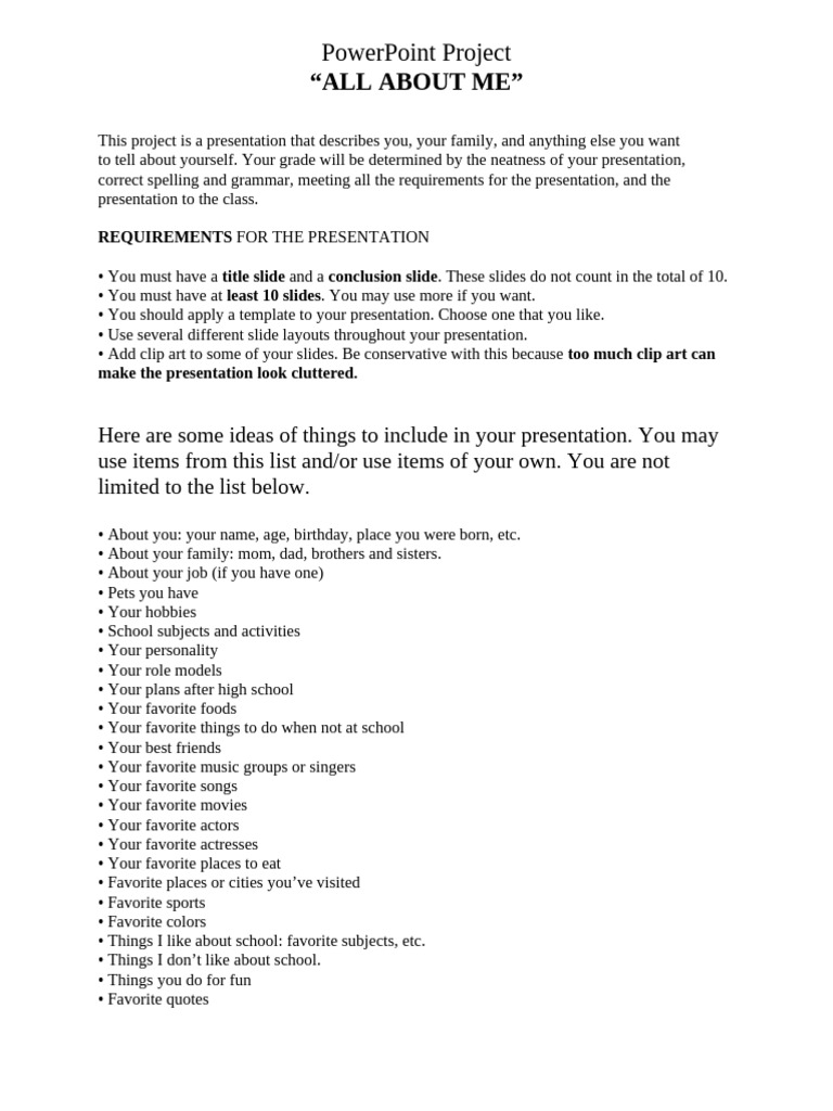 All About Me Presentation Guide | PDF