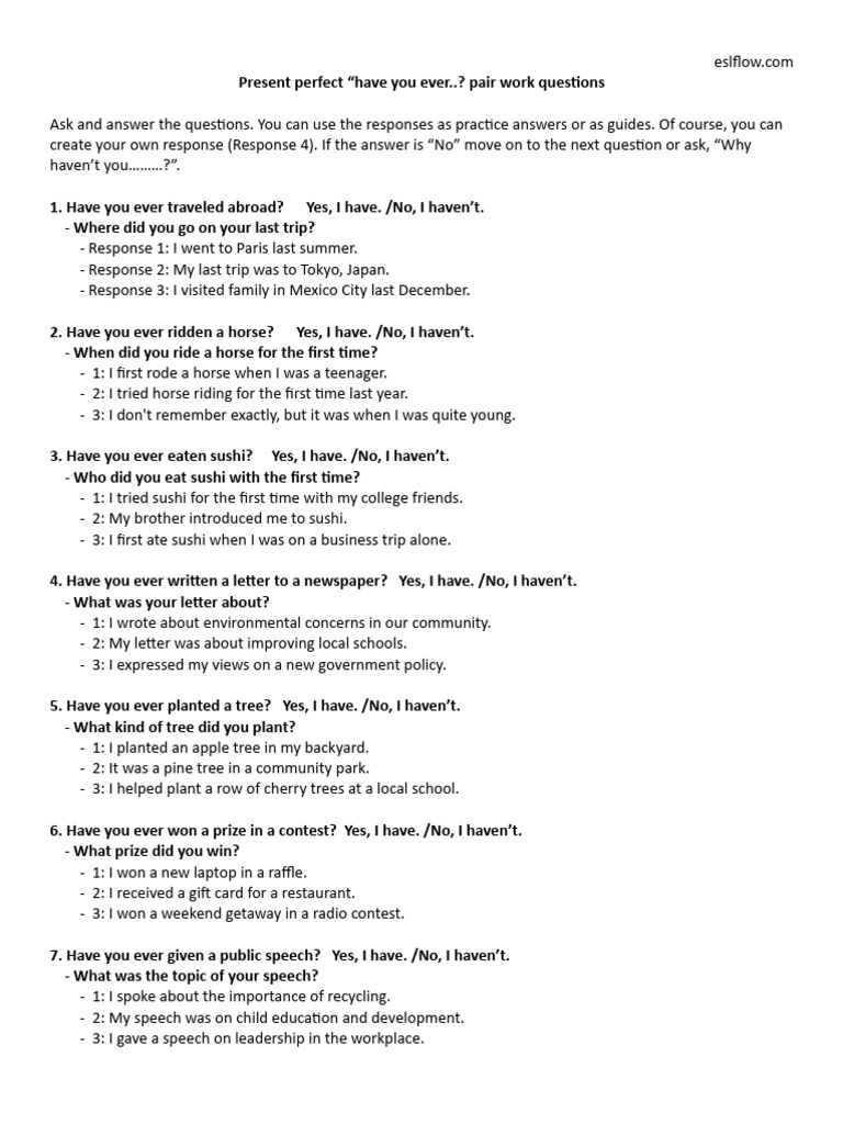 Present Perfect Yes No Conversational Questions | PDF
