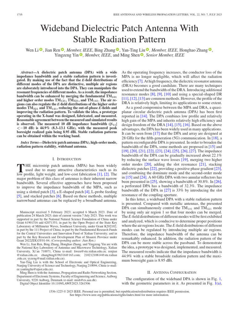 Wideband Dielectric Patch Antenna With Stable Radiation Pattern | PDF ...
