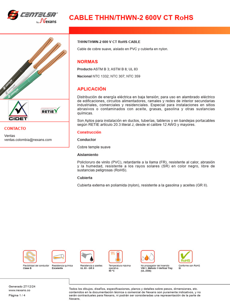 Ficha Técnica Cable Centelsa | PDF | Conductor electrico | Cobre