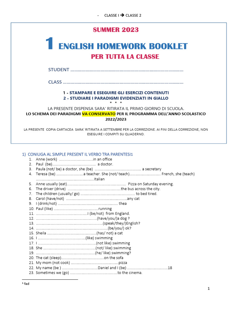 CLASSE PRIMA INGLESE COMPITI ESTIVI | PDF