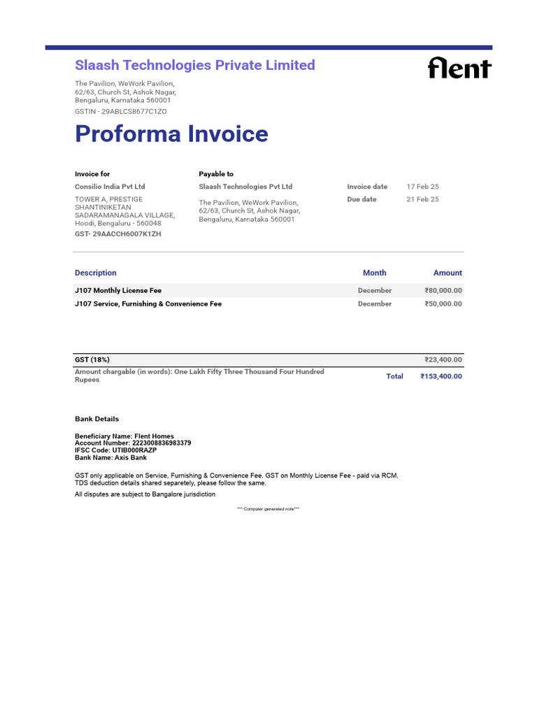 Flent Rental Invoice J107 Dec | PDF
