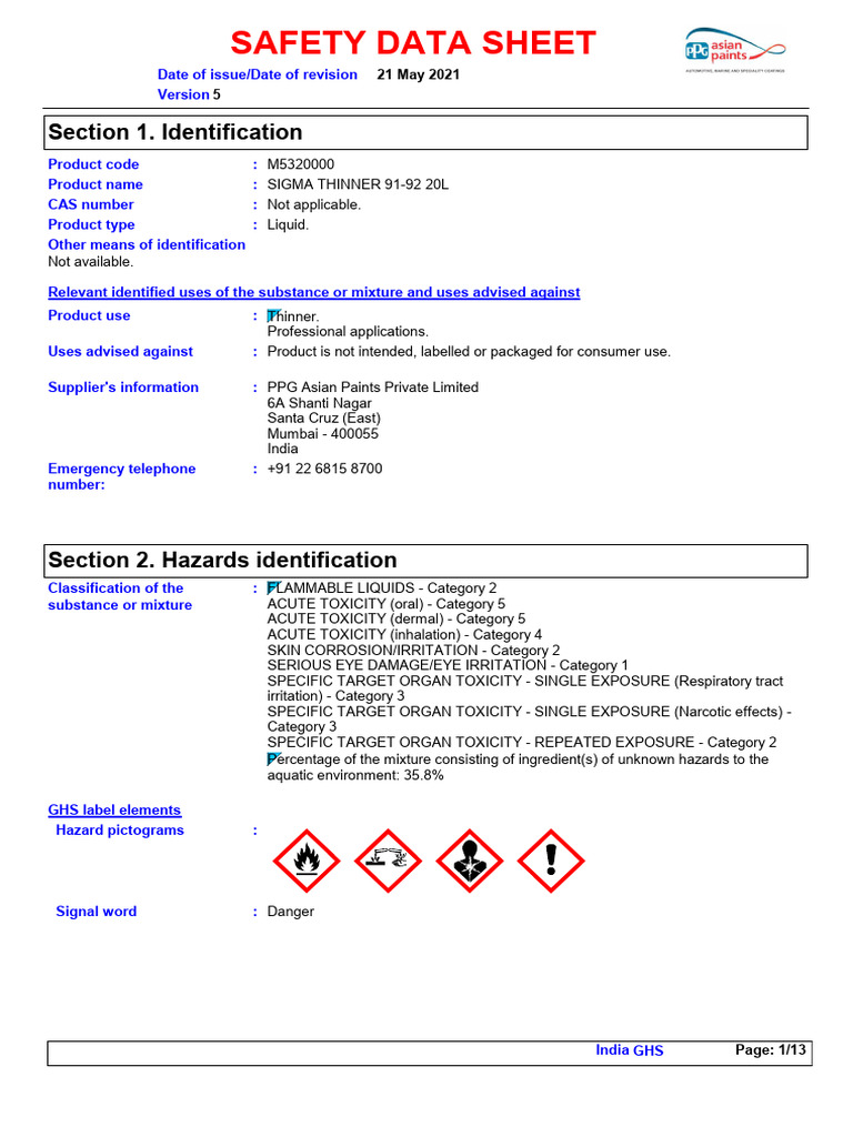 Hoja de Seguridad Thinner 91-92 | PDF | Toxicity | Occupational Safety And Health