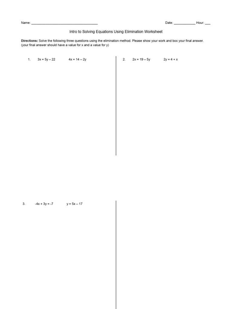 Intro To Solving Equations Using Elimination Worksheet | PDF
