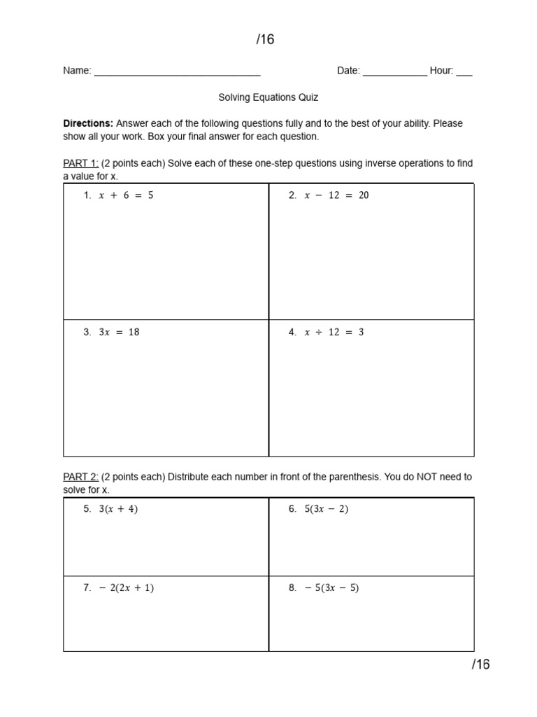 Solving Equations Quiz PDF | PDF