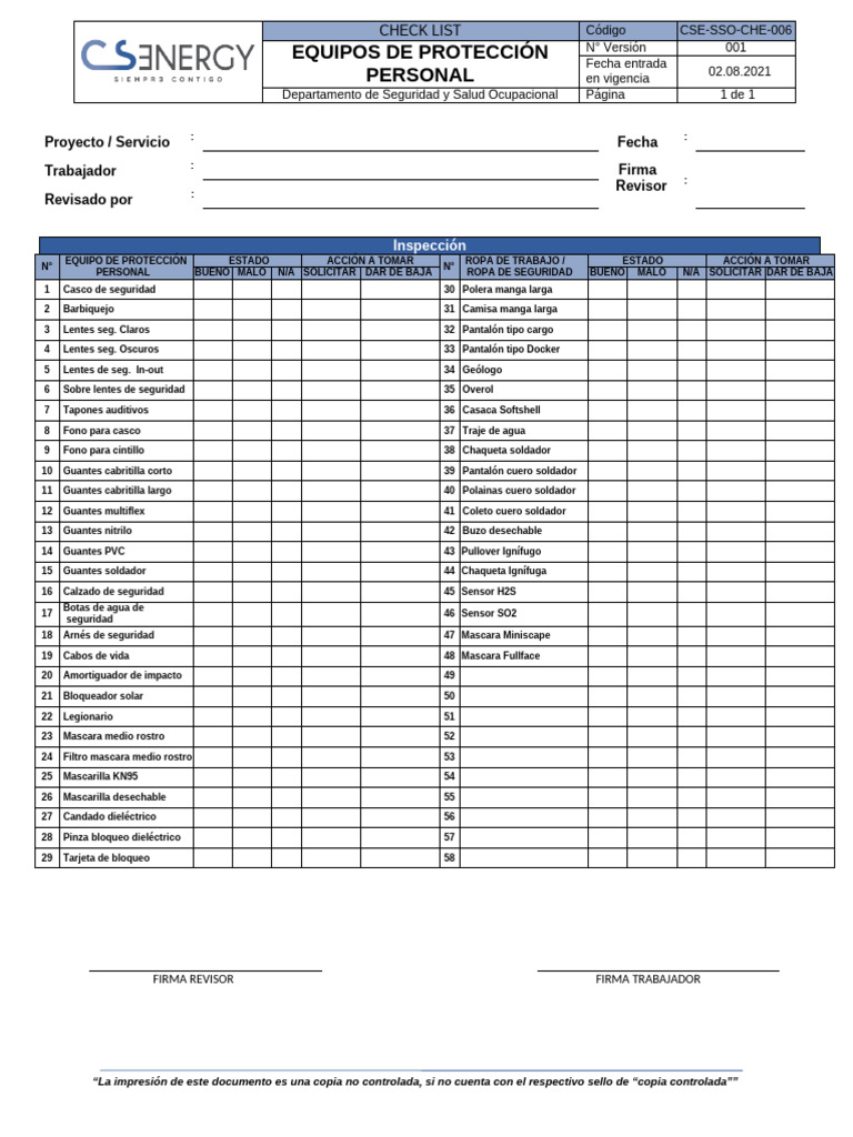 Cse-Sso-Che-006 - Check List Epp - V001 | PDF