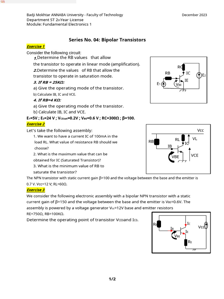 TD4 Transistors 2024.Fr - en | PDF | Bipolar Junction Transistor | Transistor