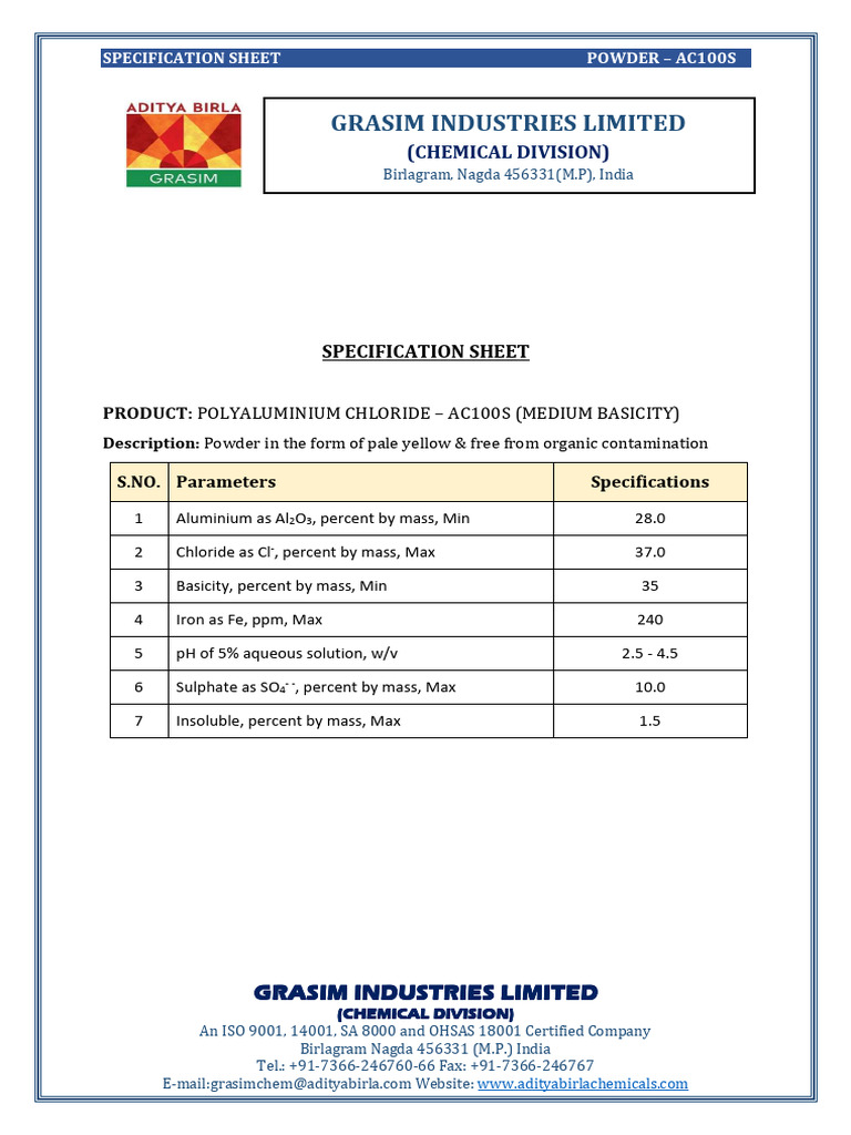 Grasim PAC Powder Specifications | PDF