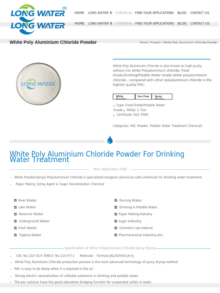 White Poly Aluminium Chloride Potable Water Treatment Chemicals | PDF ...
