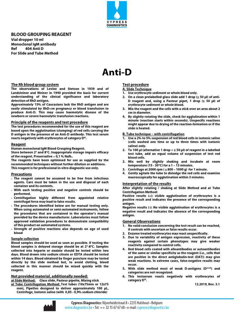 Blood Grouping Reagent Anti-D Instructions | PDF | Blood Type | Anatomy