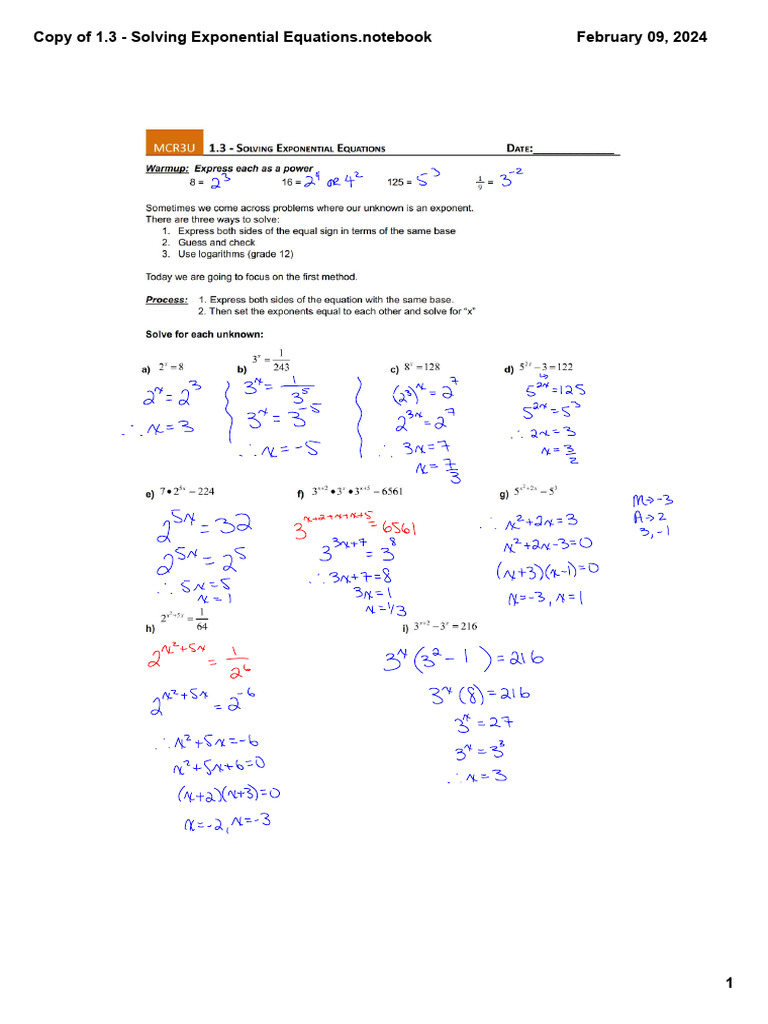 MCR 1.3 Solving Exponential Equations | PDF