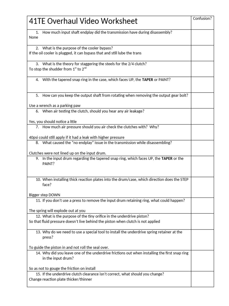 41TE Overhaul Video Worksheet | PDF | Clutch | Leak