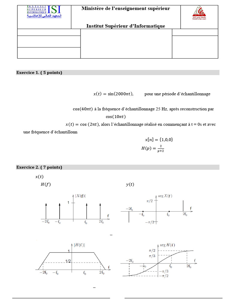 Examen de Traitement du Signal | PDF | Filtre (électronique ...