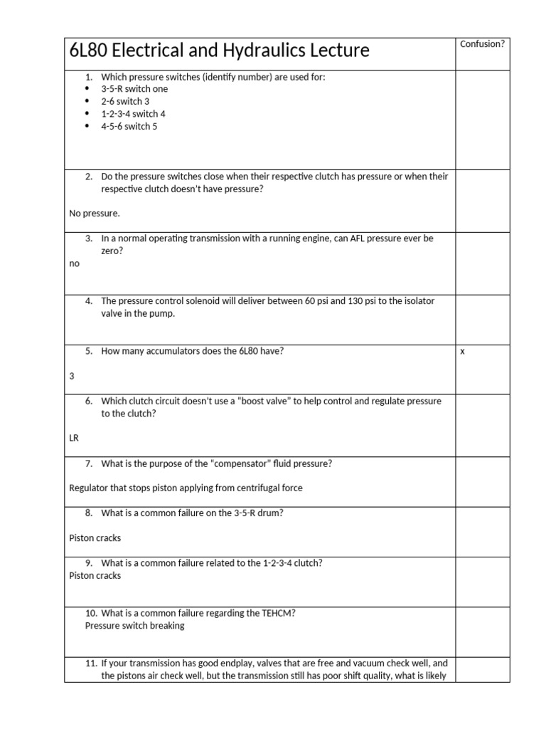 6L80 Electrical and Hydraulics Worksheet | PDF