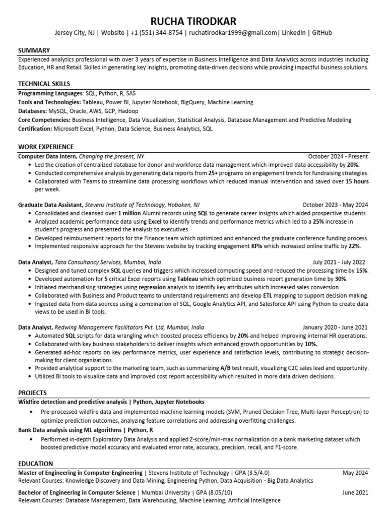 Rucha Data Analyst Resume | PDF | Machine Learning | Data Analysis