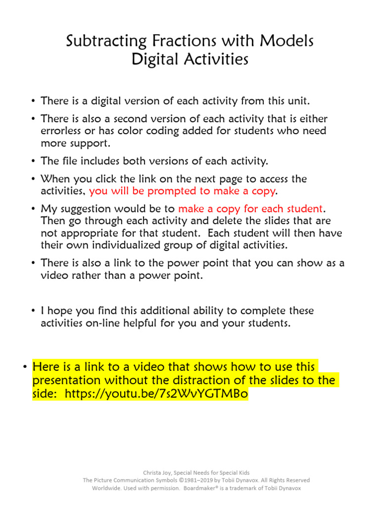 Subtracting Fractions With Models Digital Activities Instructions | PDF