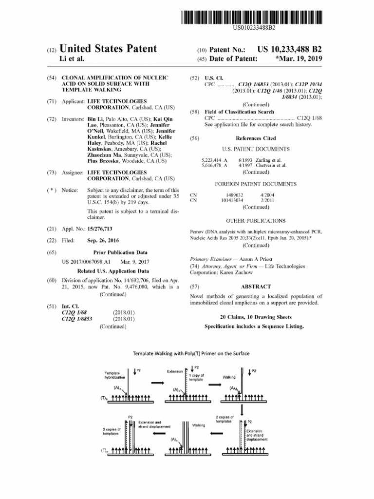US10233488 - Clonal Amplification of Nucleic Acid On Solid Surface With ...