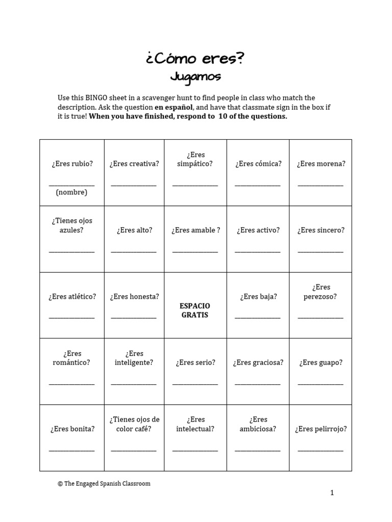 Ser With Adjectives Bingo | PDF