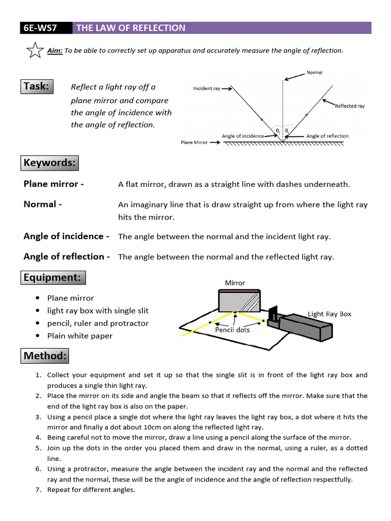 6E WS7 The Law of Reflection | PDF | Reflection (Physics) | Mirror