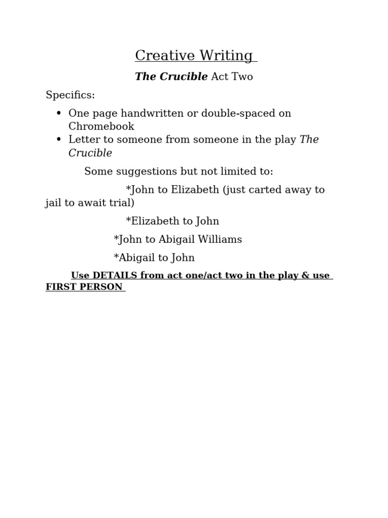 Letter Writing Assignment for The Crucible | PDF