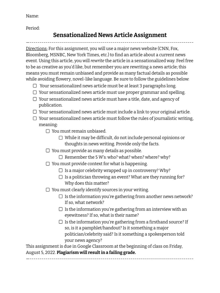 Sensationalized News Article Assignment | PDF | News | Mass Media