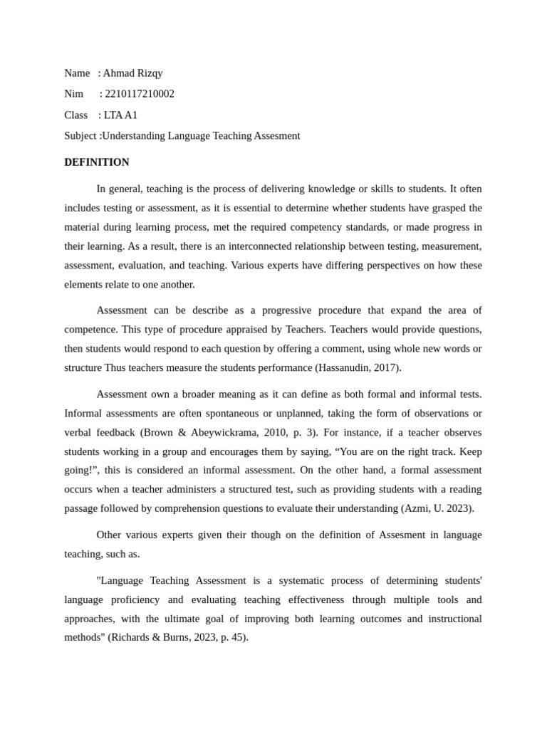 Lta - A1 - Ahmad Rizqy - What Is Lta - 2210117210002 | PDF | Educational Assessment | Procedural ...