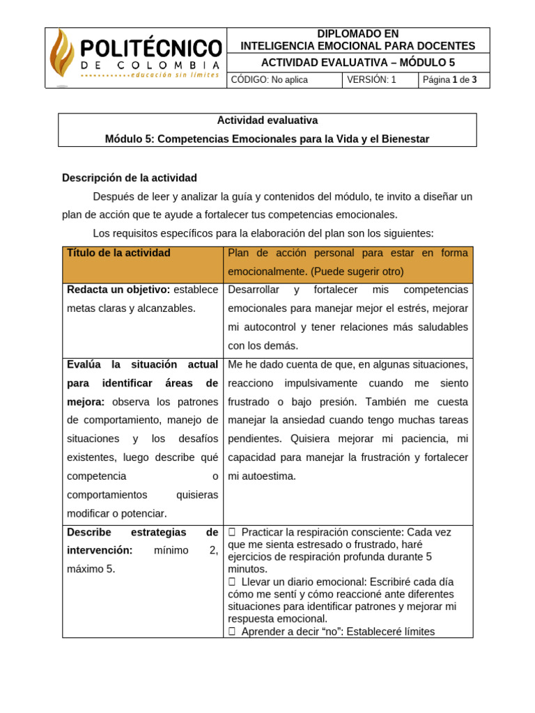 Plan de Acción para Competencias Emocionales | PDF | Las emociones ...