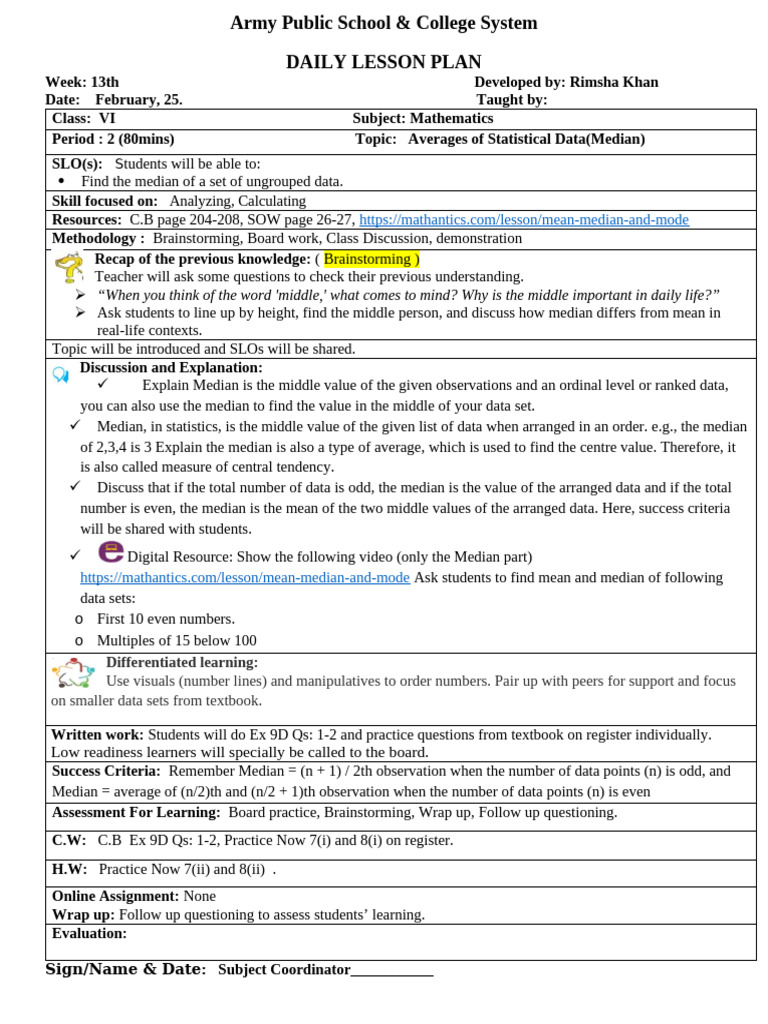 Class 6 D.L.P W13 (24-25) | PDF | Average | Mean