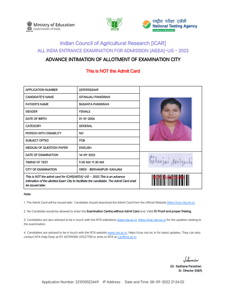 Advance Intimation of Allotment of Examination City (Icar) | PDF