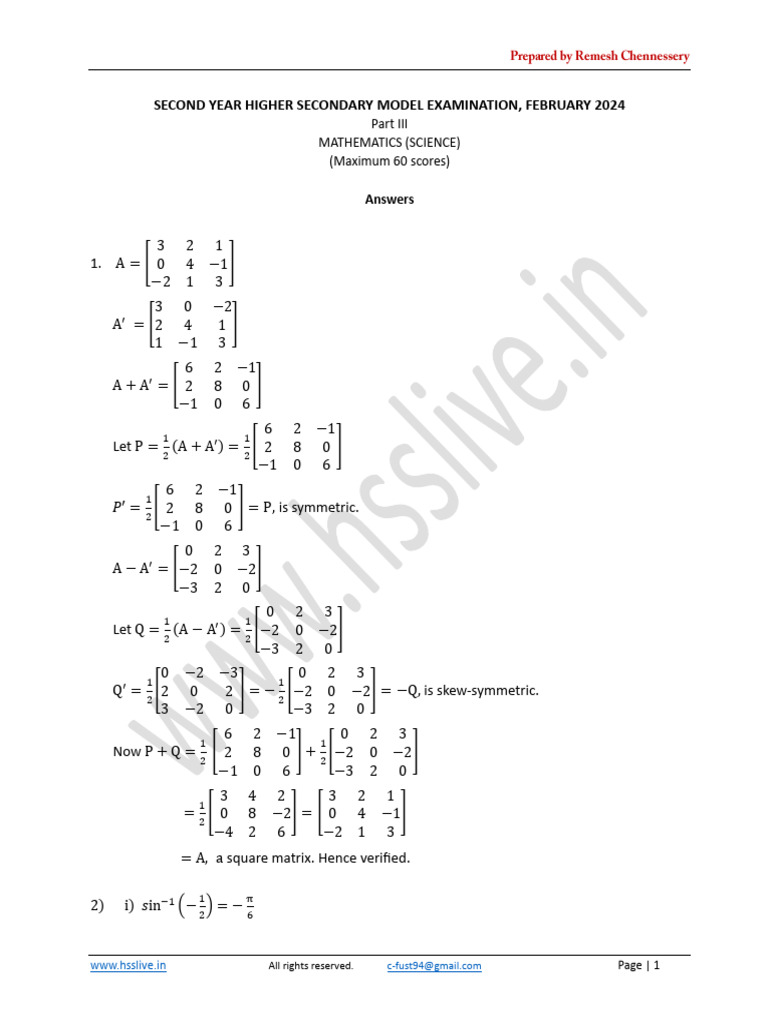 Hsslive Xii Maths Key Ramesh Model Feb 2024 | PDF | Applied Mathematics | Mathematical Physics
