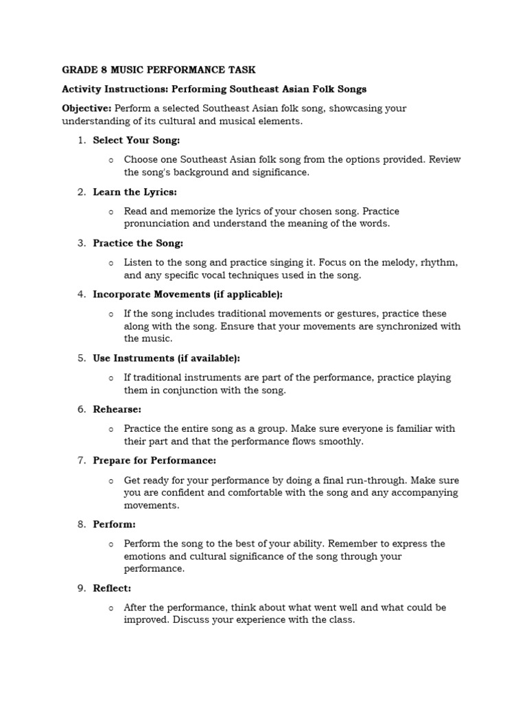 Grade 8 Music Performance Task Grade 8 Music | PDF | Songs | Human ...