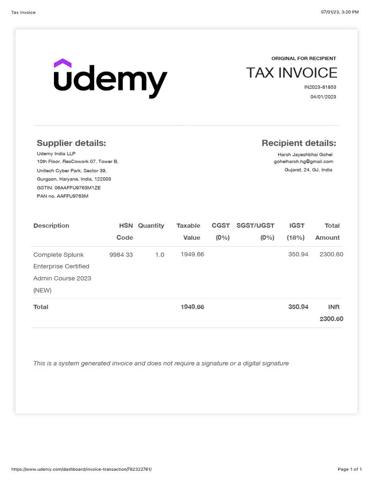 Splunk Admin Course Invoice | PDF