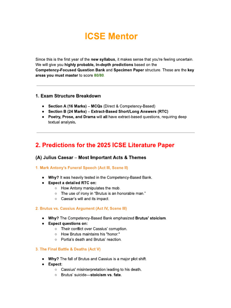 Predictions For The 2025 ICSE Literature Paper | PDF