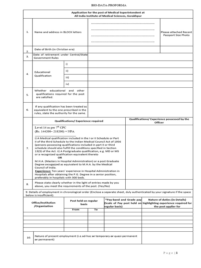 Application For The Post of Medical Superintendent | PDF