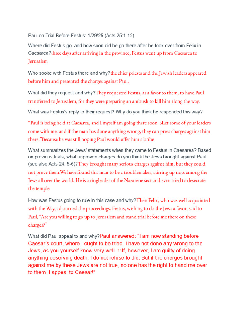 Paul On Trial Before Festus - 1 - 29 - 25 (Acts 25 - 1-12) | PDF